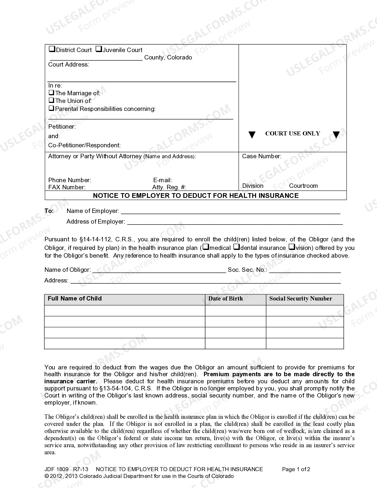 Colorado Notice to Employer to Deduct for Health Insurance | US Legal Forms