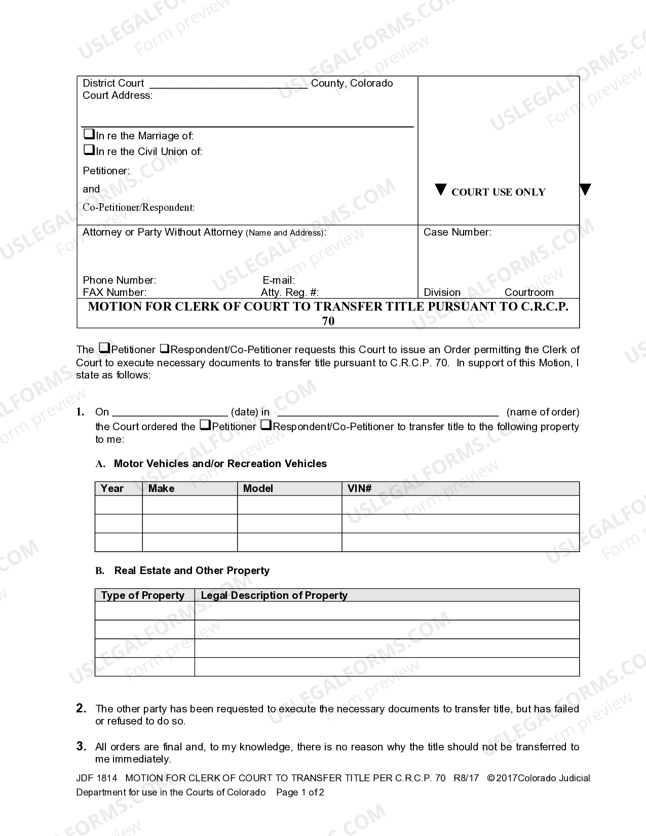 Colorado Motion for Clerk of Court to Transfer Title Pursuant to C.R.C ...