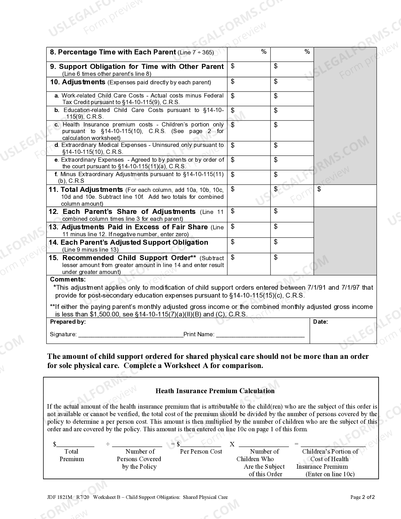 Colorado Worksheet B - Child Support Obligation - Shared Physical Care ...