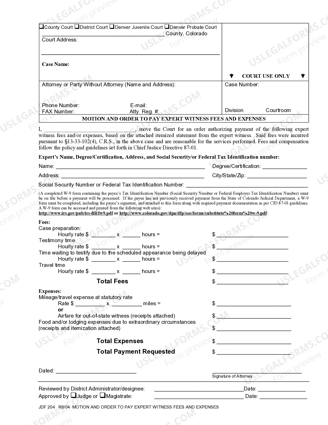 Colorado Motion and Order to Pay Expert Witness Fees and Expenses ...