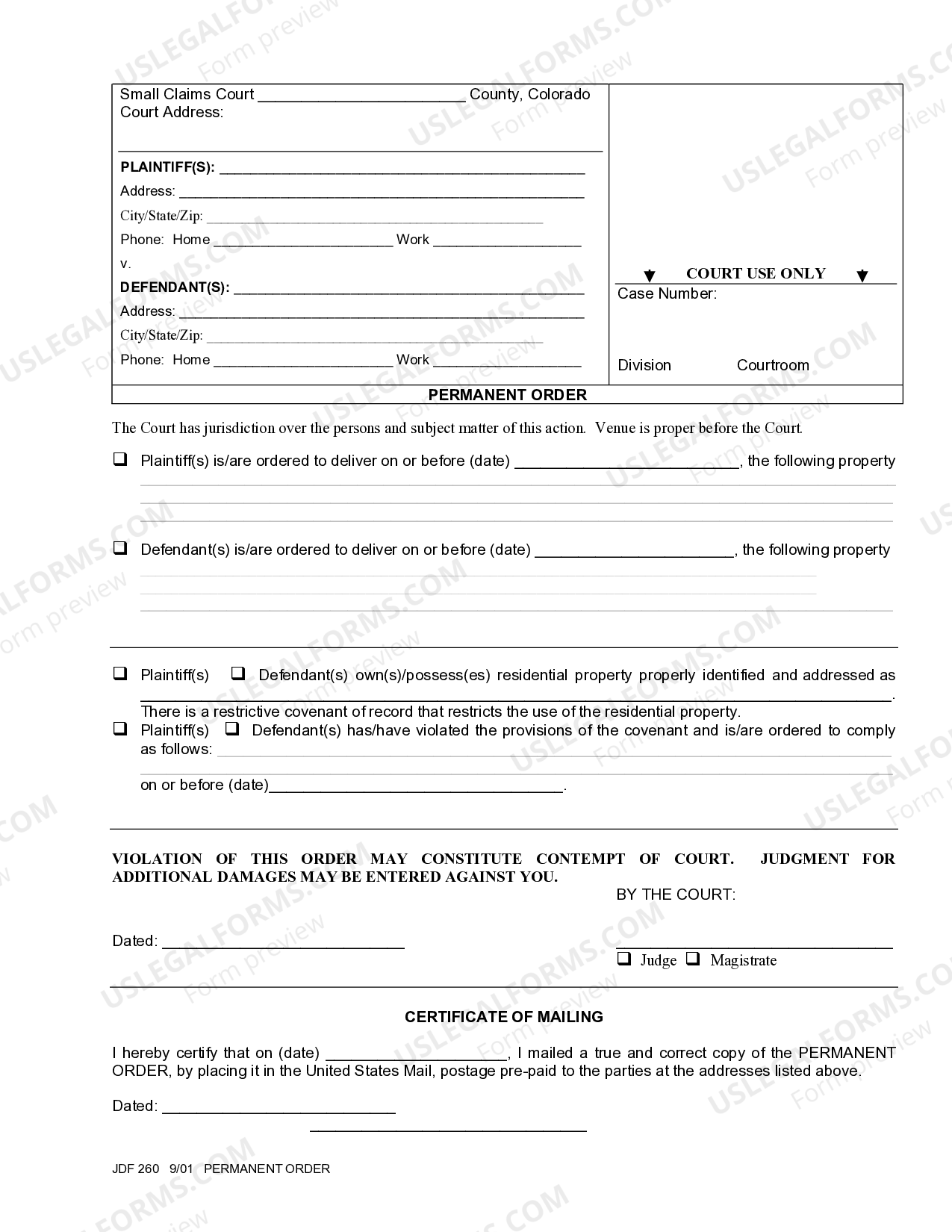 Colorado Permanent Order | US Legal Forms