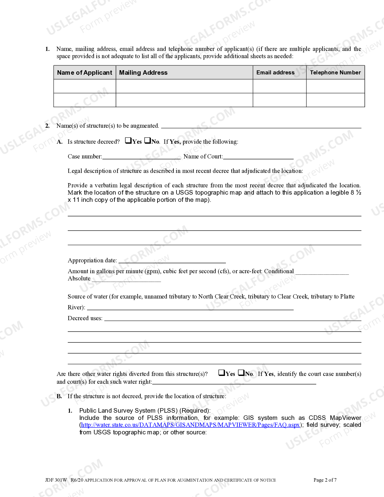 Colorado Application for Approval of Plan for Augmentation | US Legal Forms