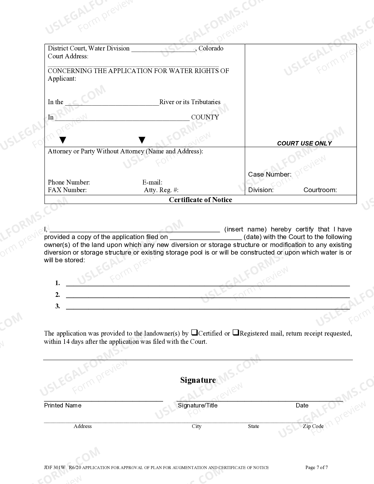 Colorado Application for Approval of Plan for Augmentation | US Legal Forms