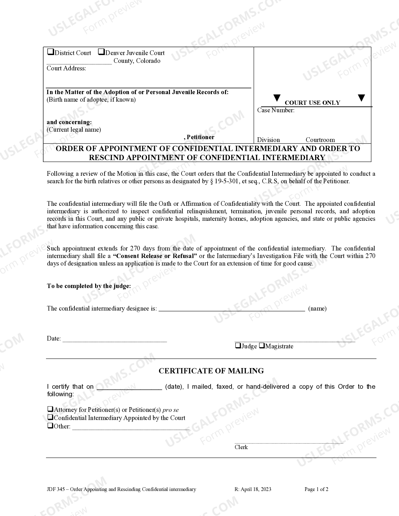 Colorado Order of Appointment of Confidential Intermediary | US Legal Forms
