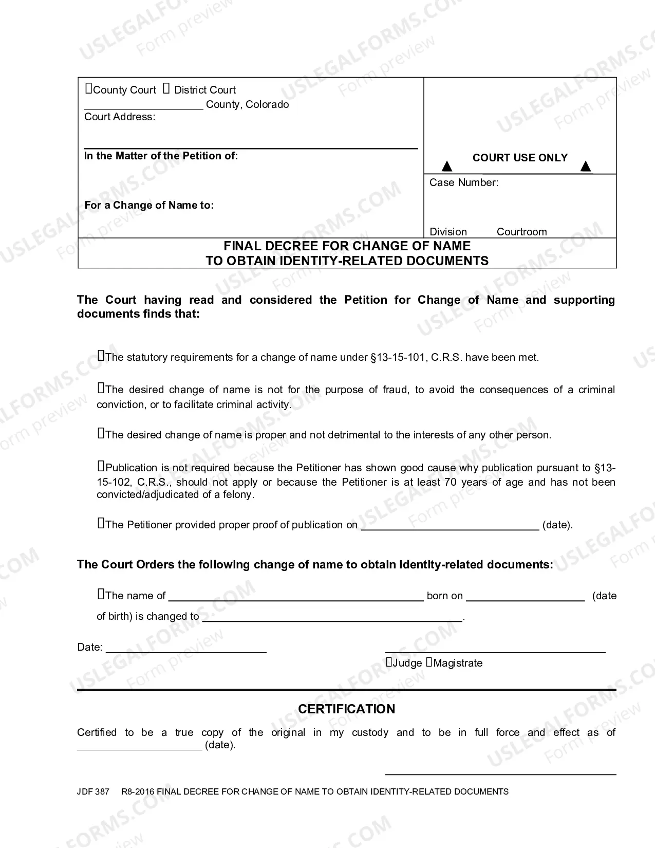 Colorado Final Decree for Change of Name to Obtain Identity Related ...