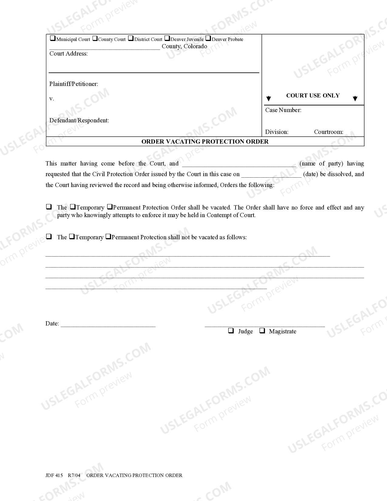 Colorado Order Vacating Restraining Order | US Legal Forms