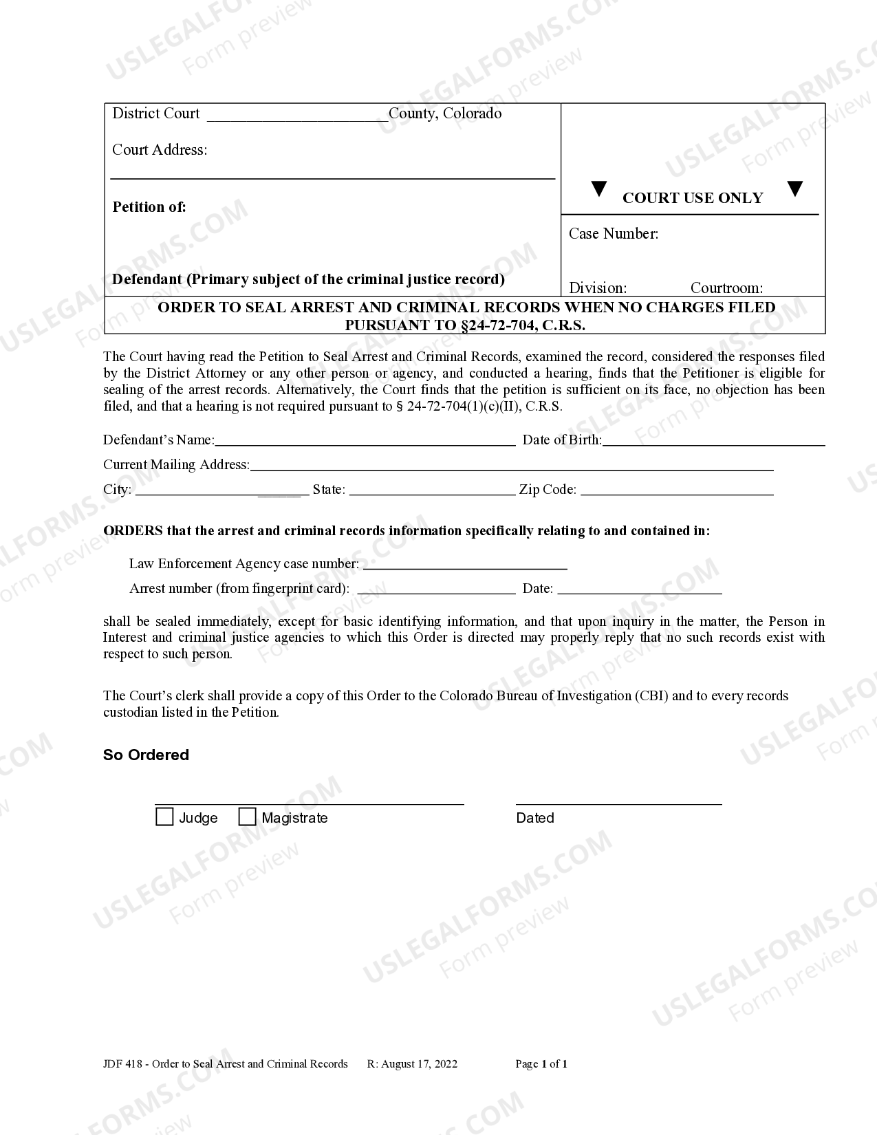 Colorado Order to Seal Arrest and Criminal Records | US Legal Forms