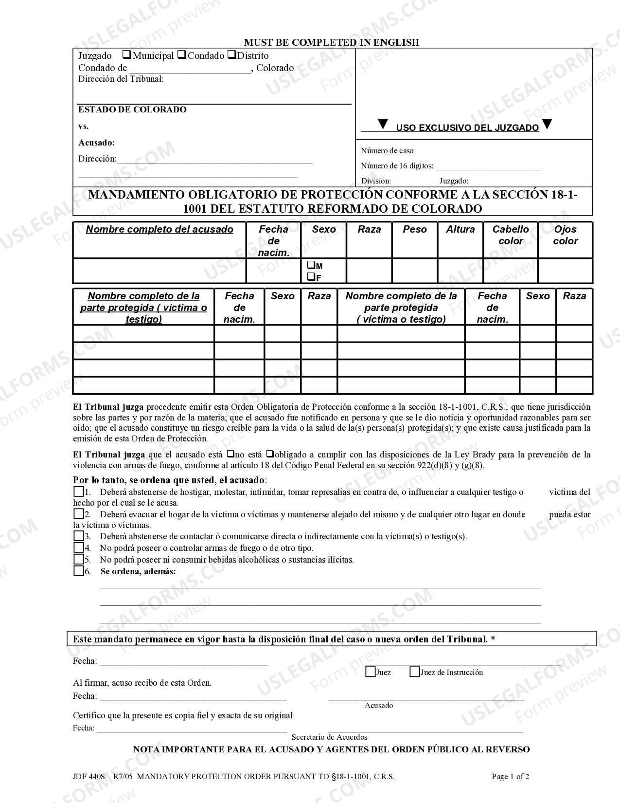 Colorado Mandatory Protection Order Pursuant - Section 18-1-1001 C.R.S ...