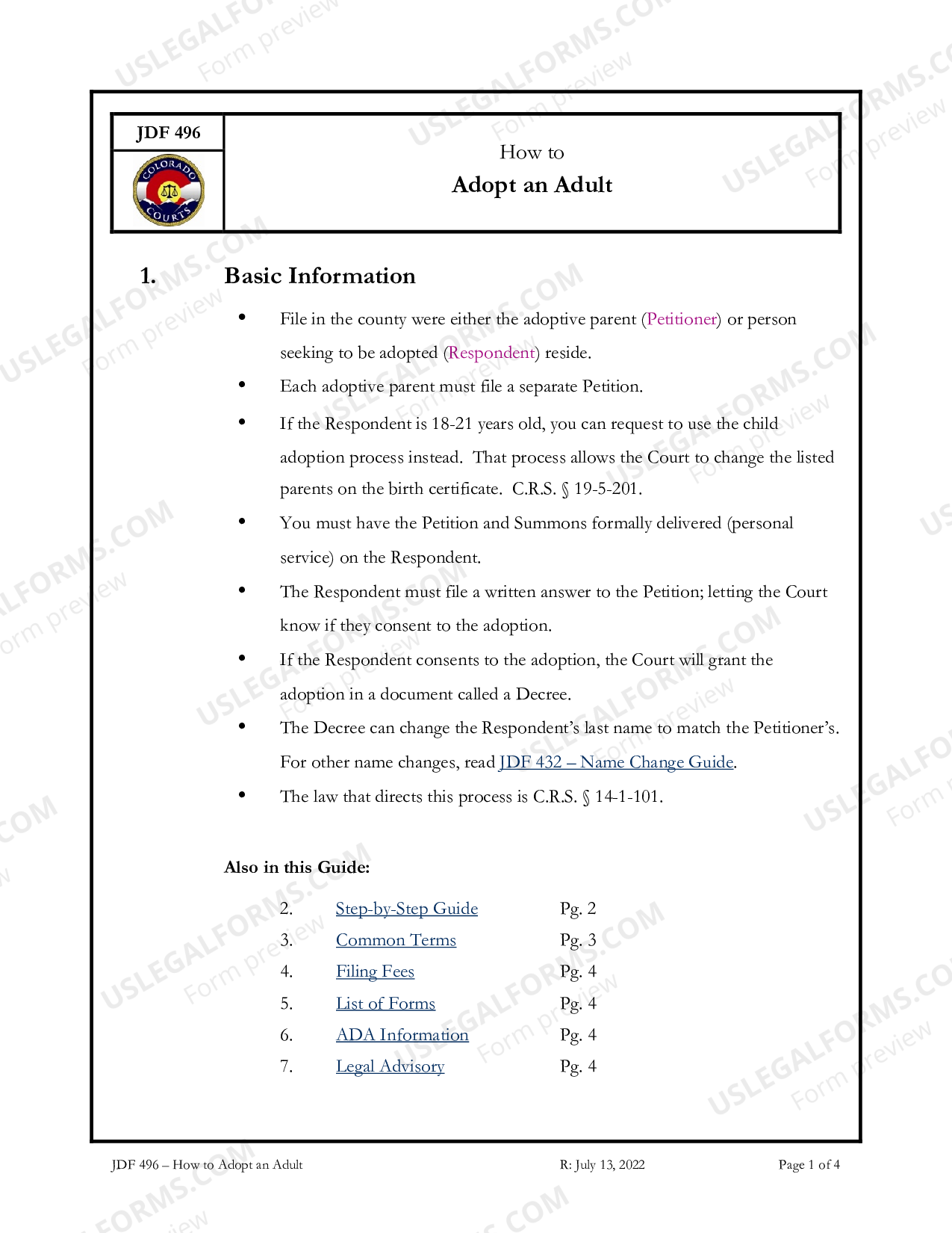 Colorado Instructions for Adult Adoption | US Legal Forms