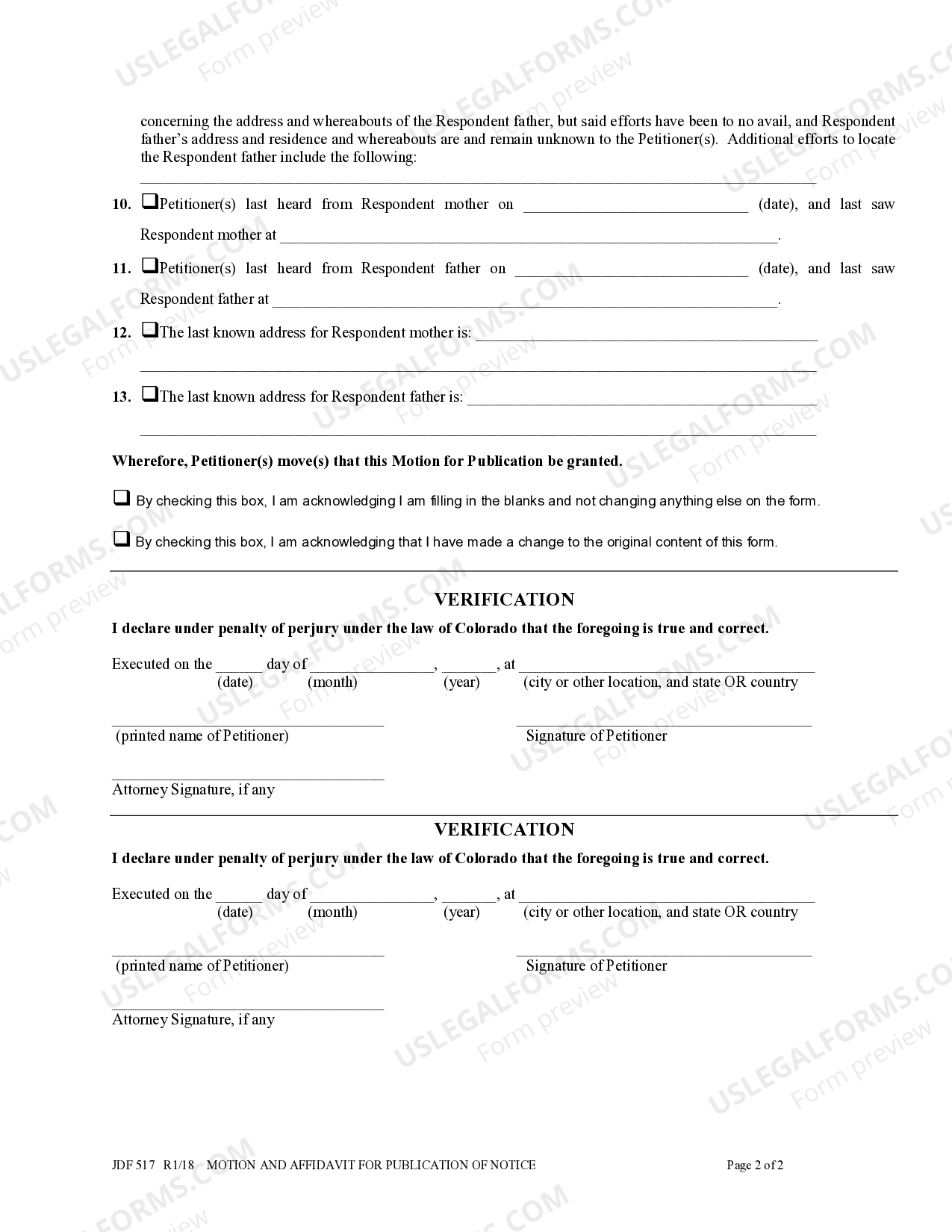 Colorado Motion and Affidavit for Publication of Notice - Colorado ...