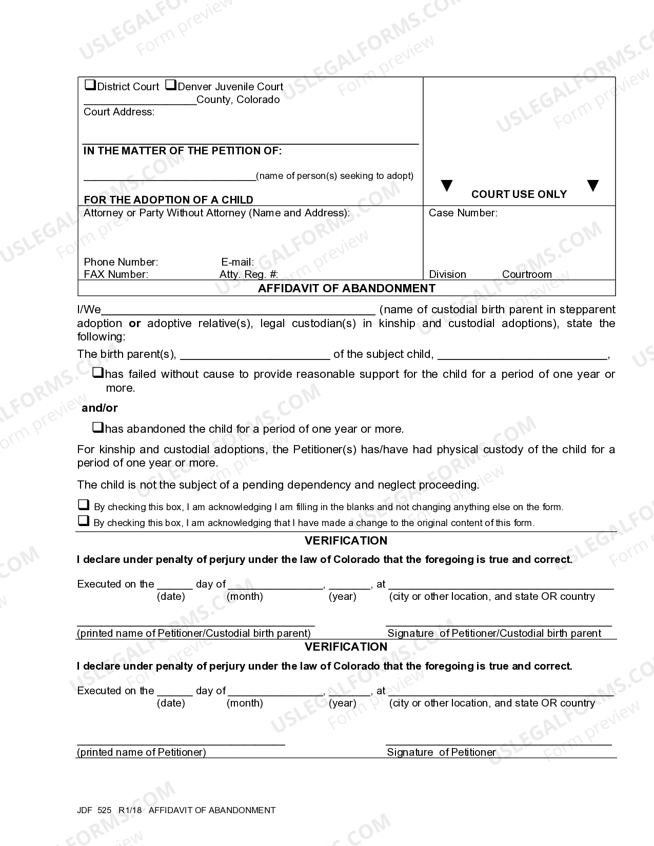 Colorado Affidavit of Abandonment | US Legal Forms