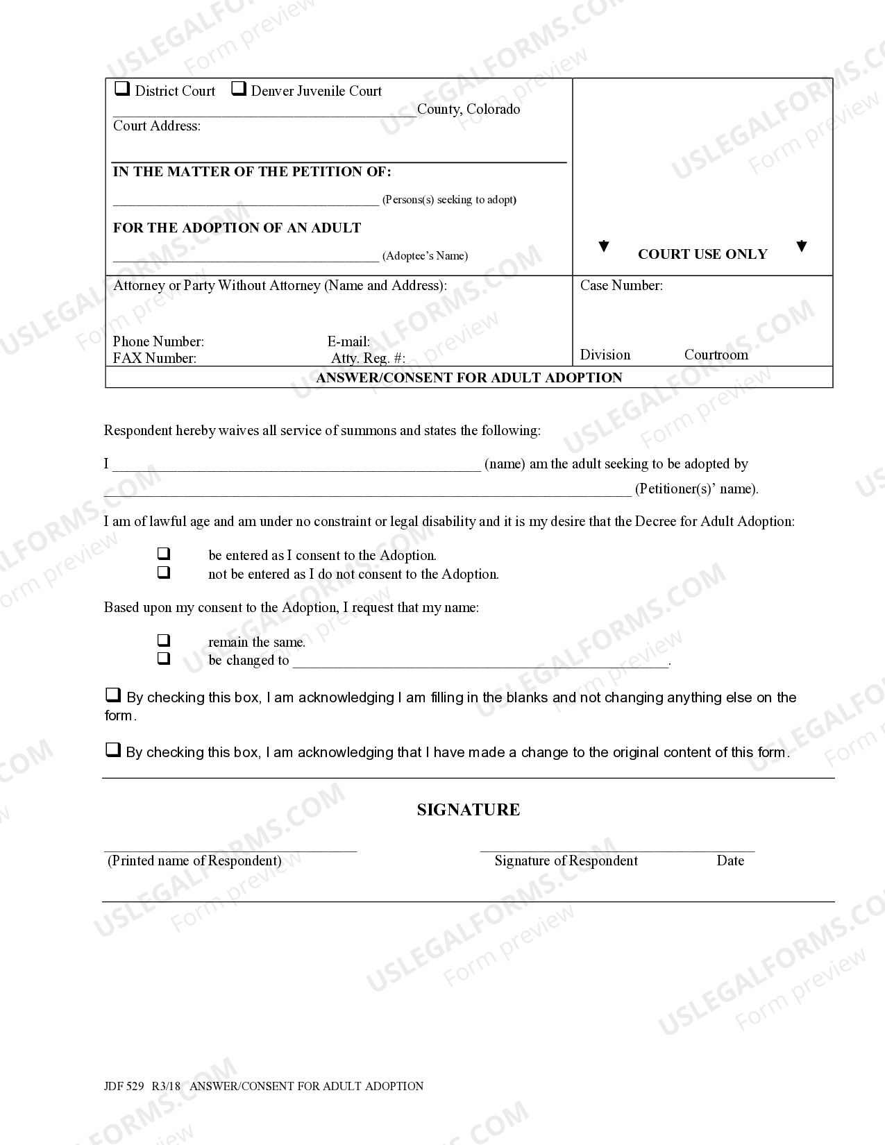 Colorado Answer / Consent for Adoption | US Legal Forms