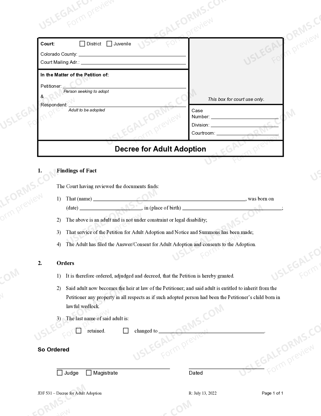 Colorado Decree of Adult Adoption - Adult Adoption Colorado | US Legal ...