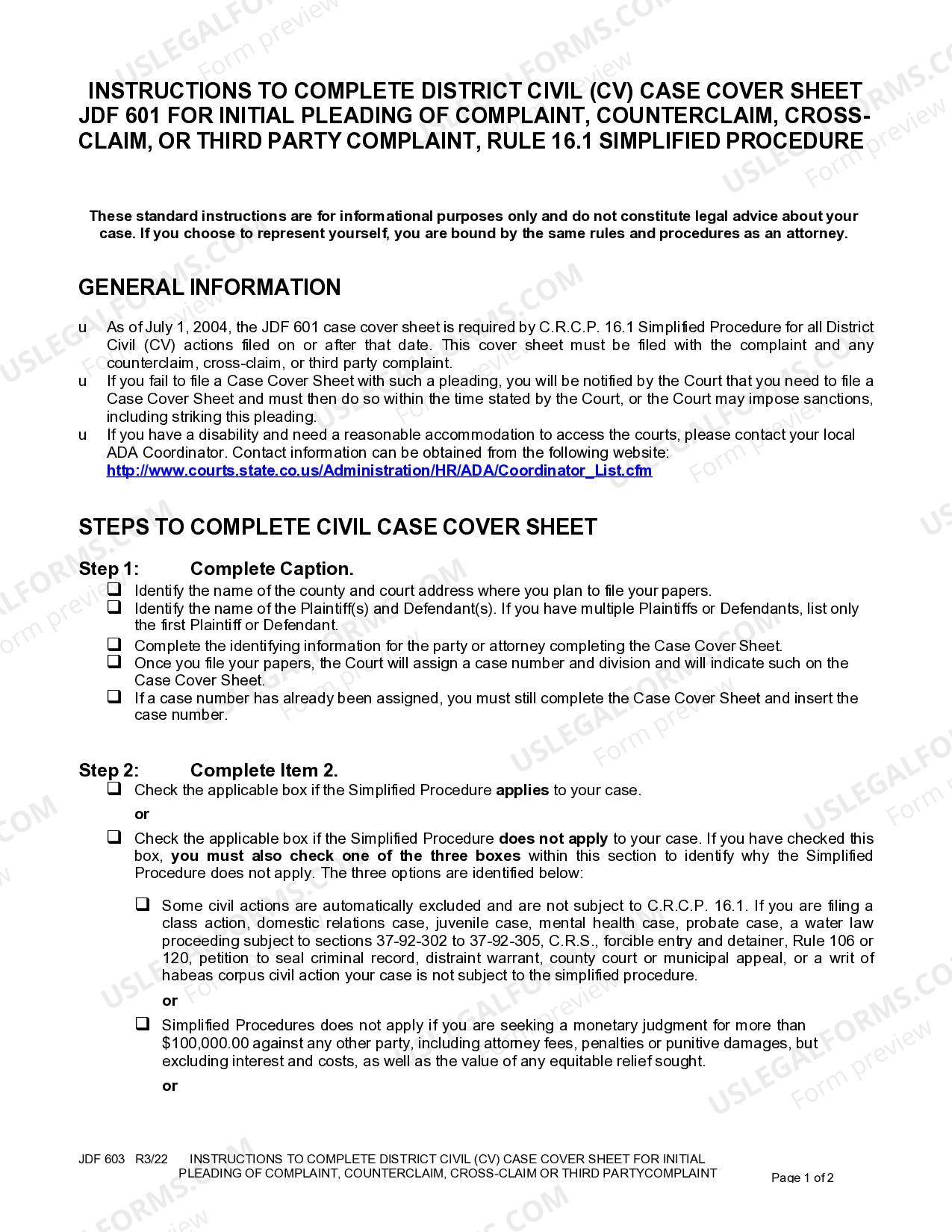 Colorado Instructions To Complete District Civil (Cv) Case Cover Sheet ...
