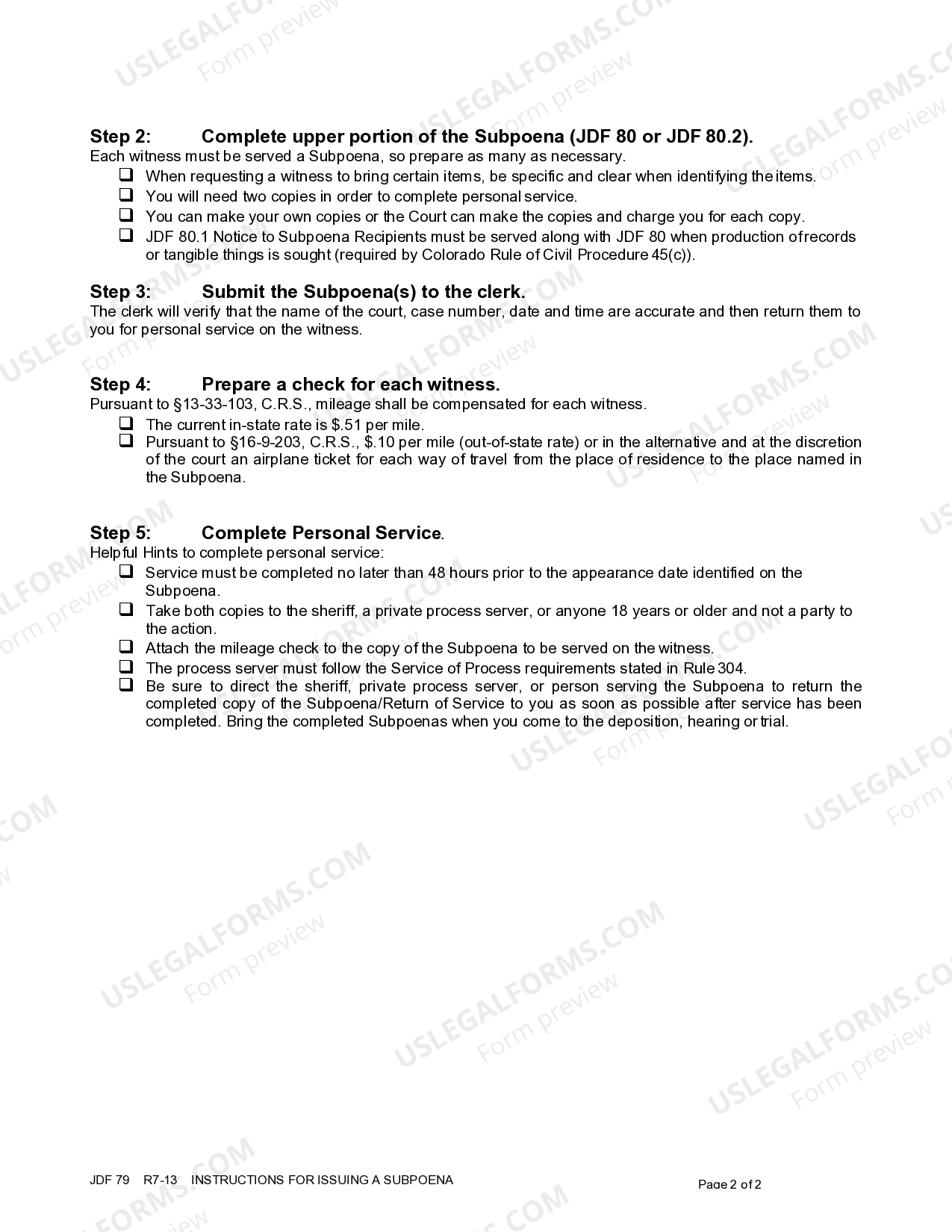Colorado Instructions for Issuing a Subpoena | US Legal Forms