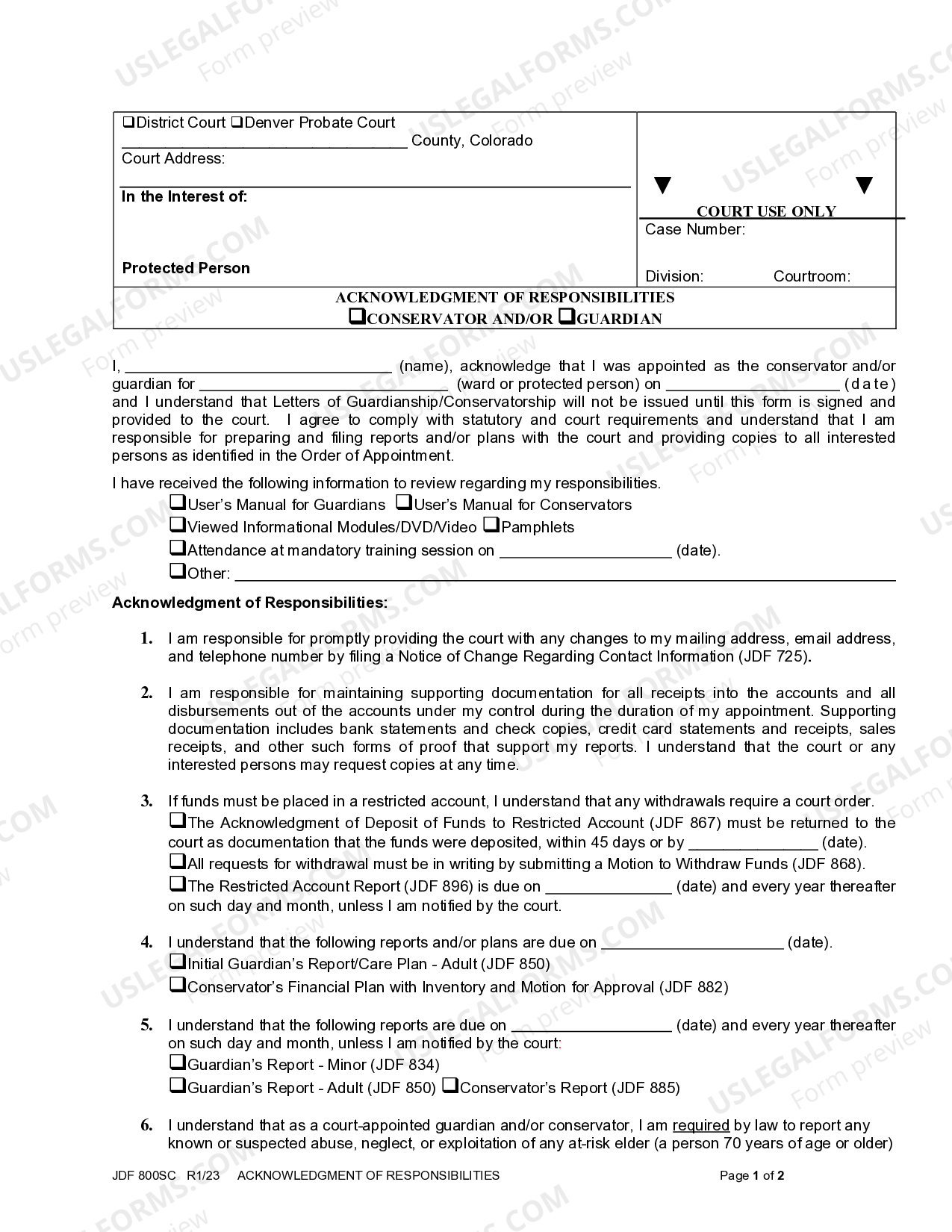 Colorado Acknowledgment Of Responsibilities Of Conservator And/Or Guardian | US Legal Forms