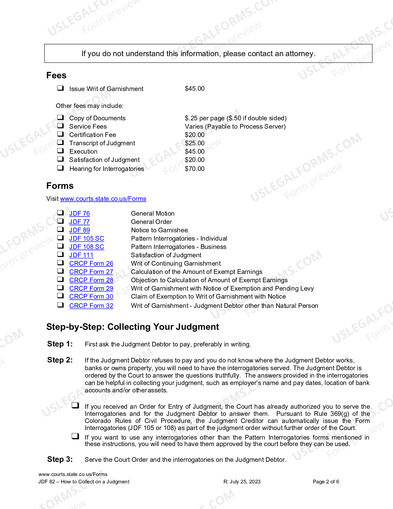 Colorado Instructions for Collecting a Judgment and Completing a Writ of Garnishment | US Legal ...