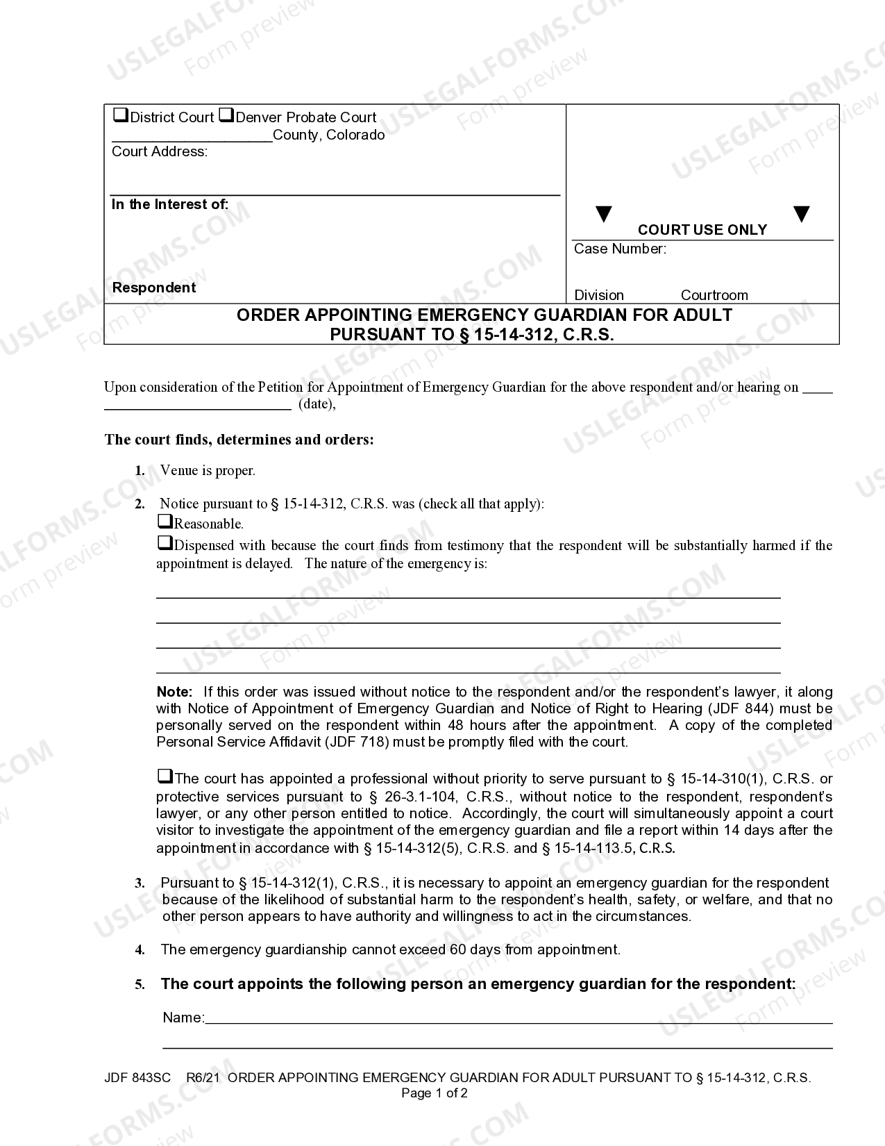 Colorado Order Appointing Emergency Guardian For Adult | US Legal Forms