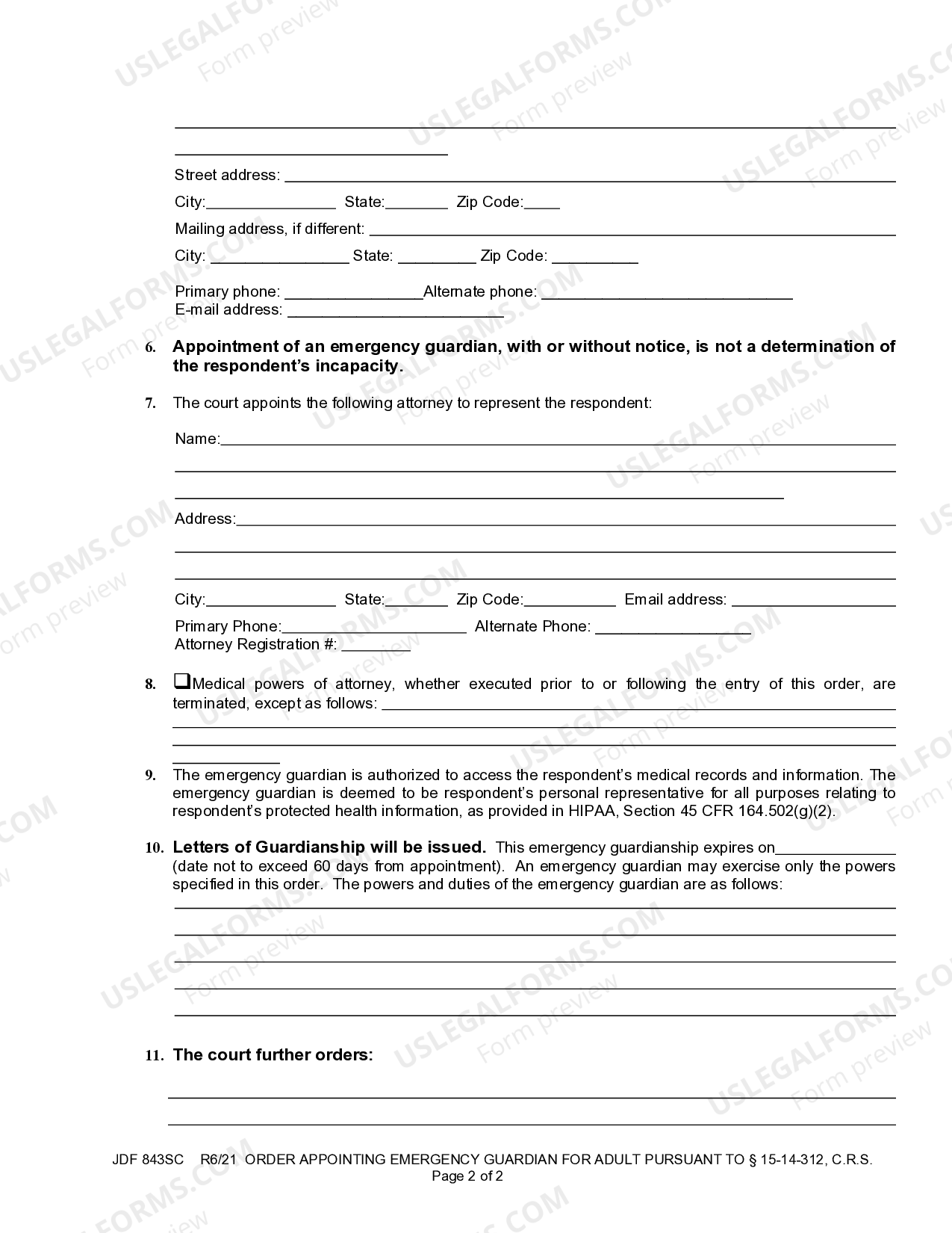 Colorado Order Appointing Emergency Guardian For Adult | US Legal Forms