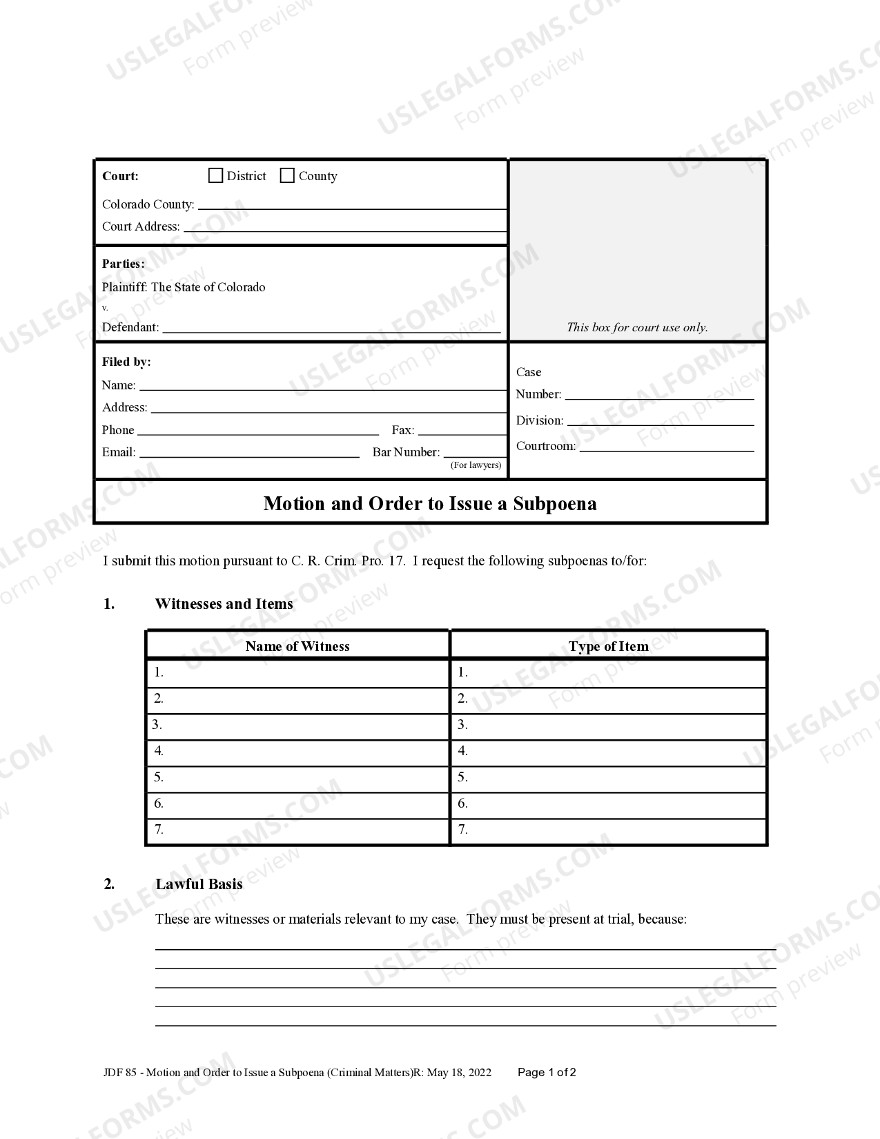Colorado Motion and Affidavit to Issue Subpoena per Crim P. 17 (b) | US ...