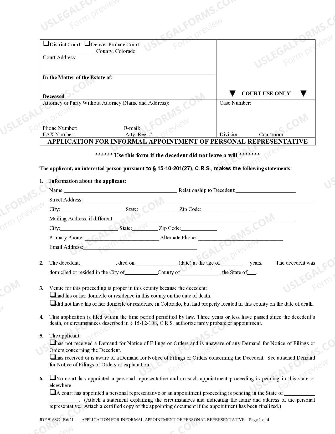 Colorado Application For Informal Appointment Of Personal ...