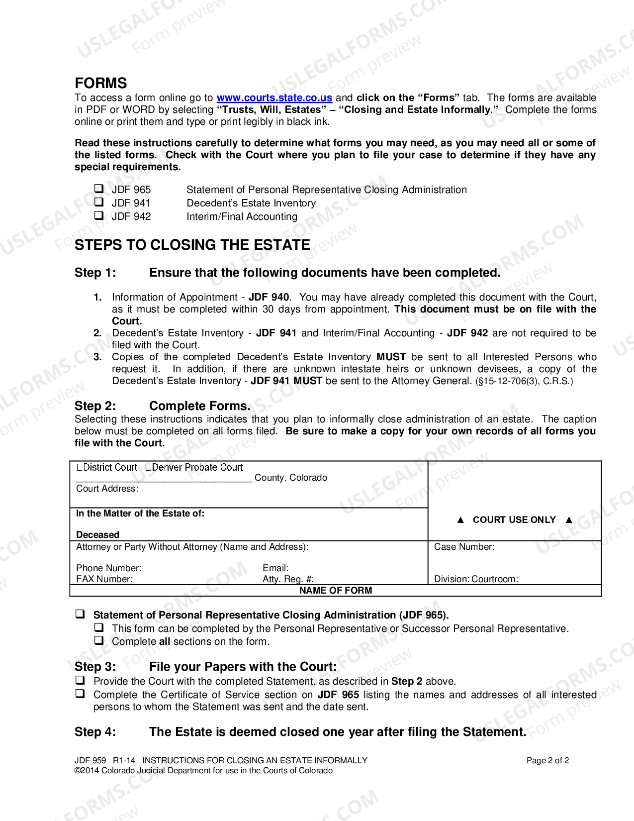 Colorado Instructions For Closing An Estate Informally | US Legal Forms