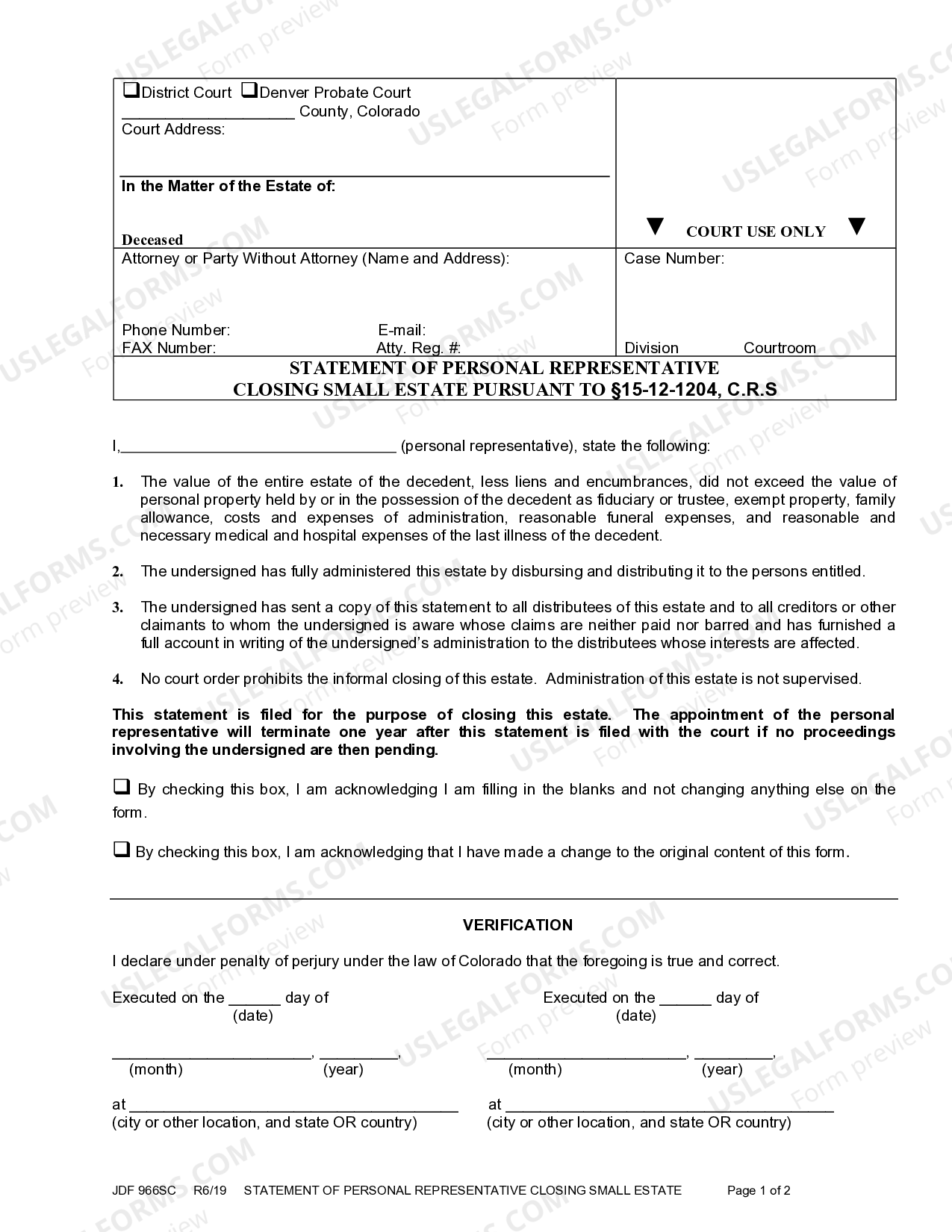 Colorado Statement Of Personal Representative Closing Small Estate ...