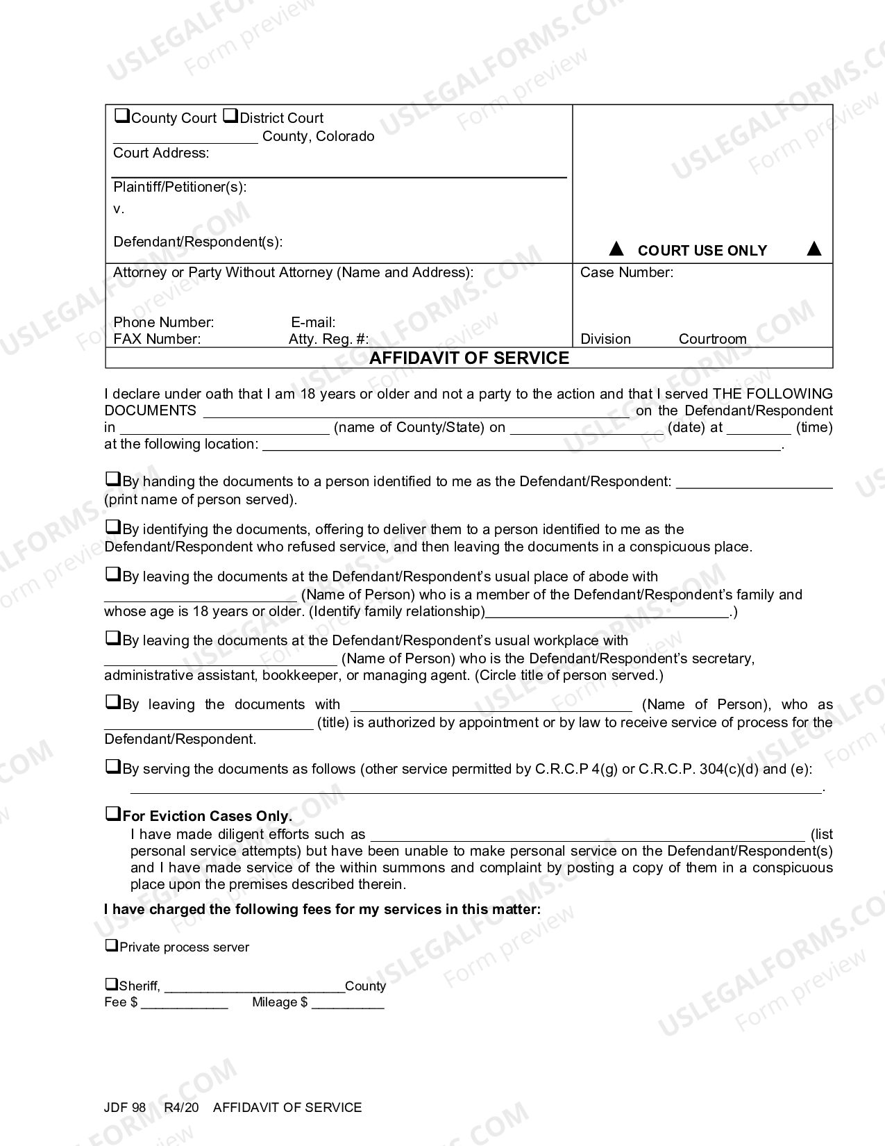 Colorado Affidavit of Service - Jdf 98 | US Legal Forms