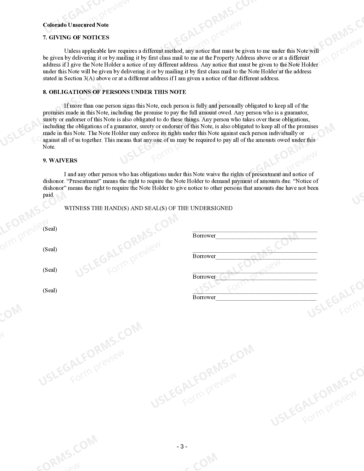 Colorado Unsecured Installment Payment Promissory Note for Fixed Rate ...