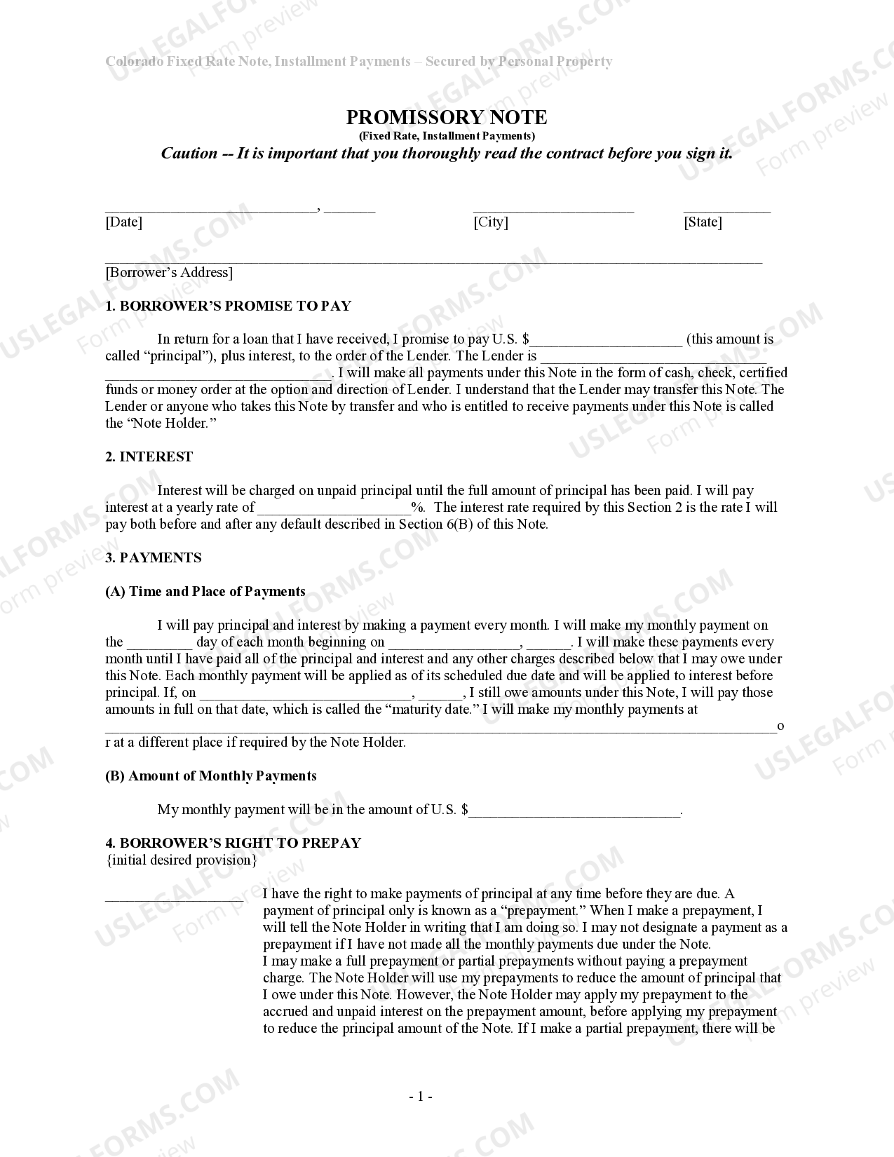 Colorado Installments Fixed Rate Promissory Note Secured by Personal ...