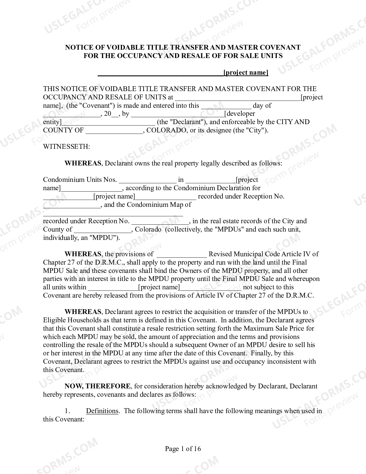 Colorado Notice of Voidable Title Transfer and Master Covenant for the Occupancy and Resale of ...
