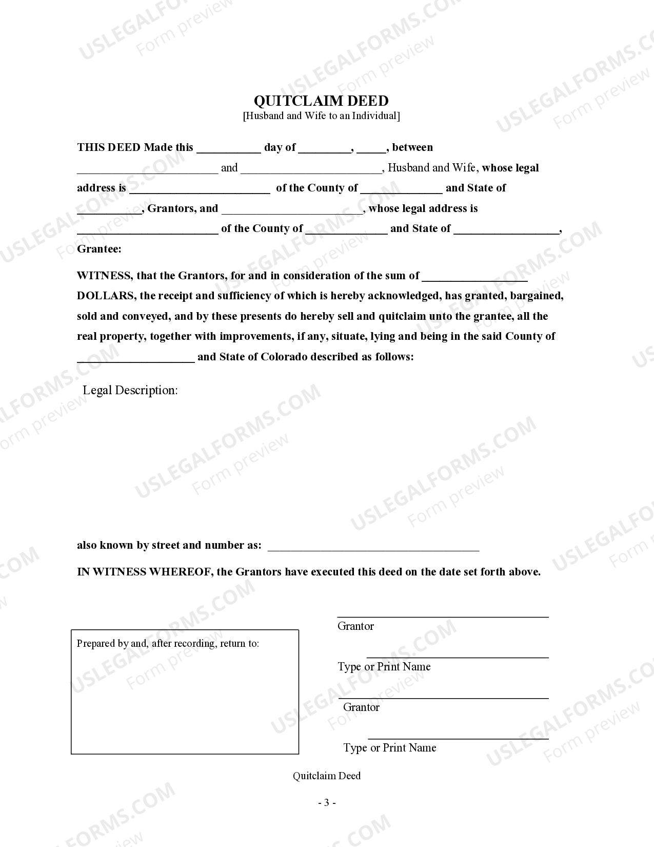 Colorado Quitclaim Deed - Husband and Wife to an Individual - Deed Real Estate | US Legal Forms