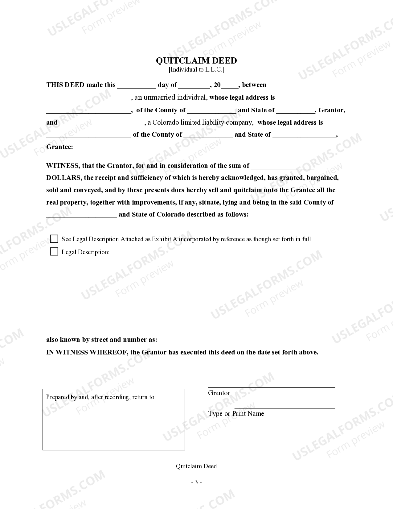 Colorado Quitclaim Deed from an Individual to a Limited Liability Company | US Legal Forms
