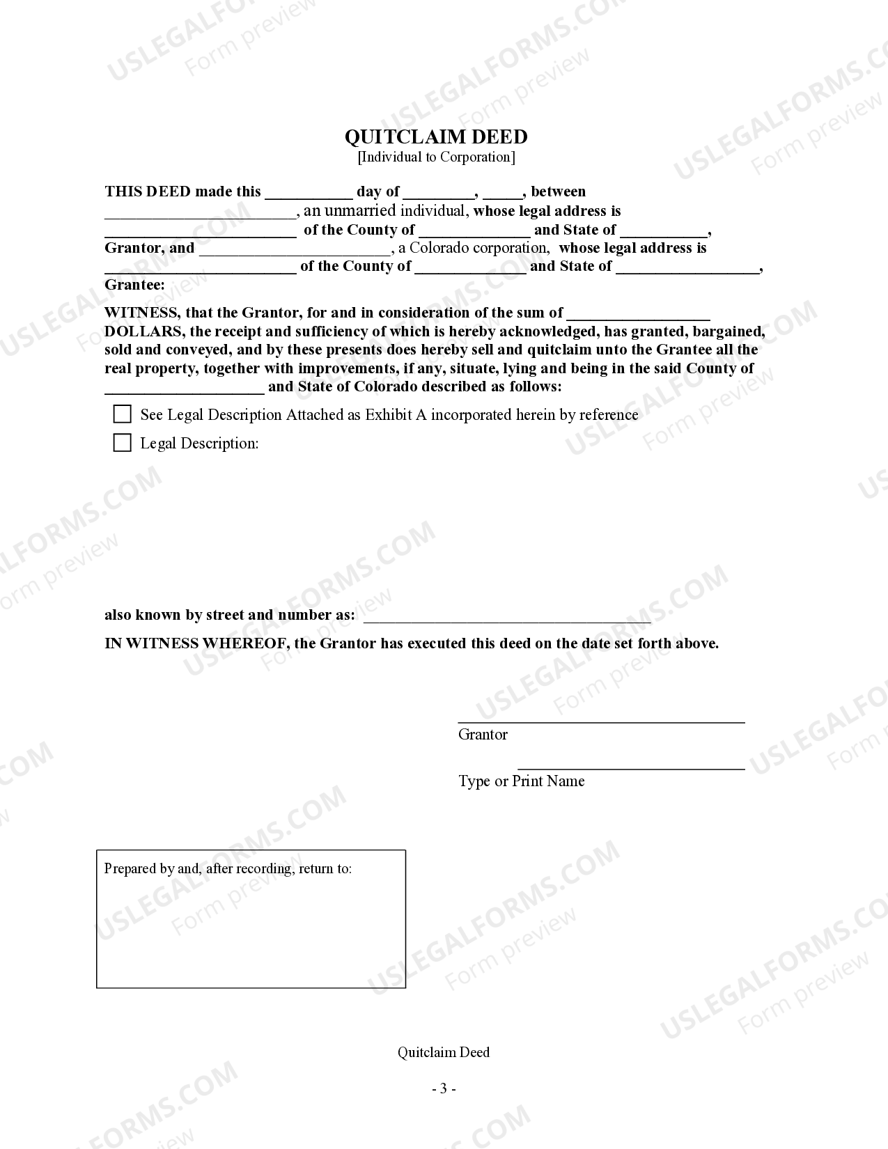 Colorado Quitclaim Deed from an Individual to a Corporation | US Legal Forms