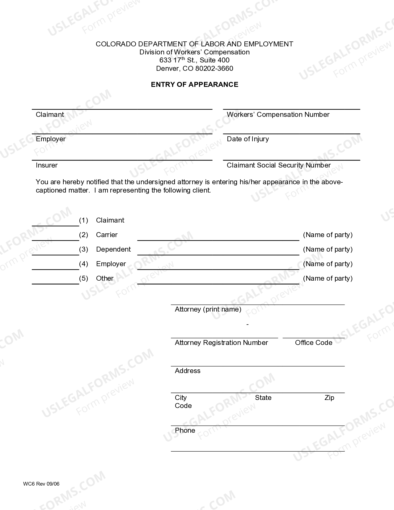 Colorado Entry of Appearance for Workers' Compensation | US Legal Forms