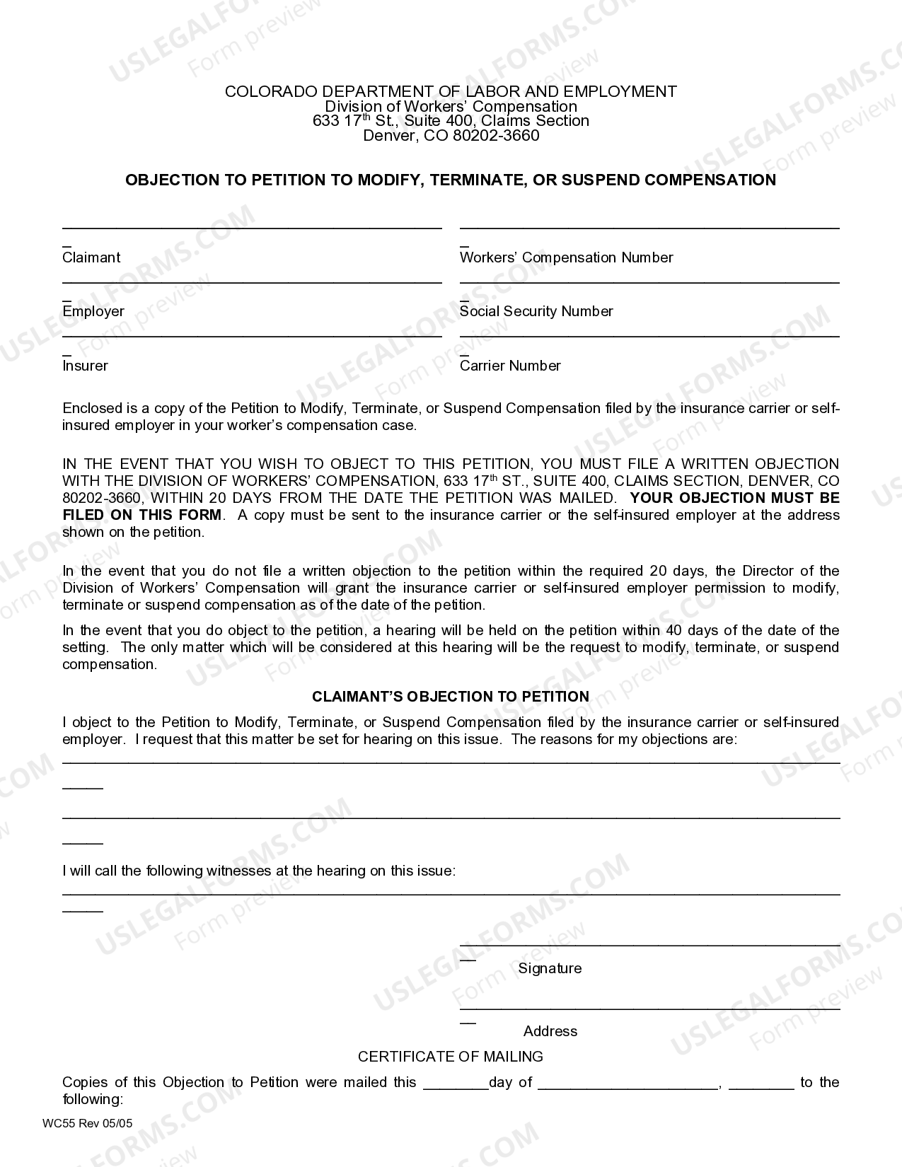 Colorado Objection to Petition to Modify for Workers' Compensation | US ...