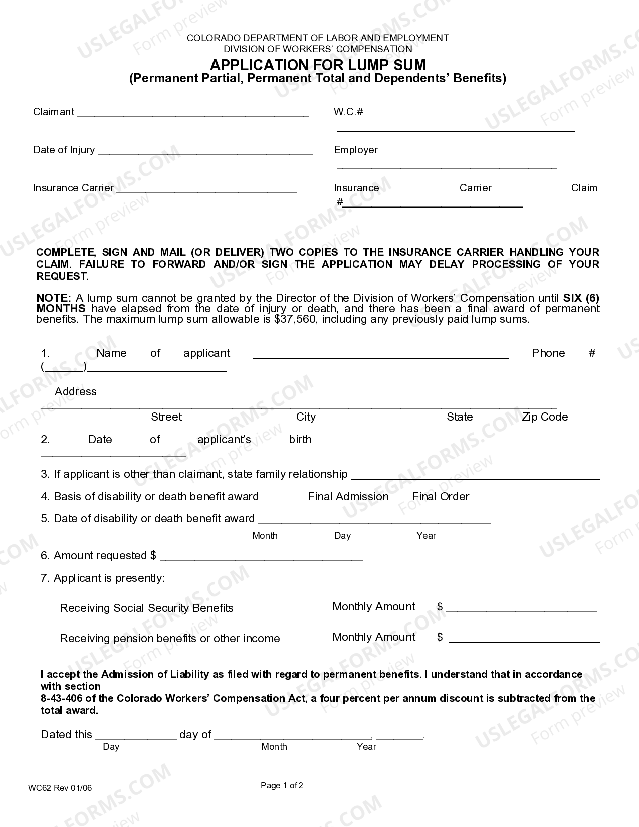 Colorado Application for Lump Sum for Workers' Compensation | US Legal ...