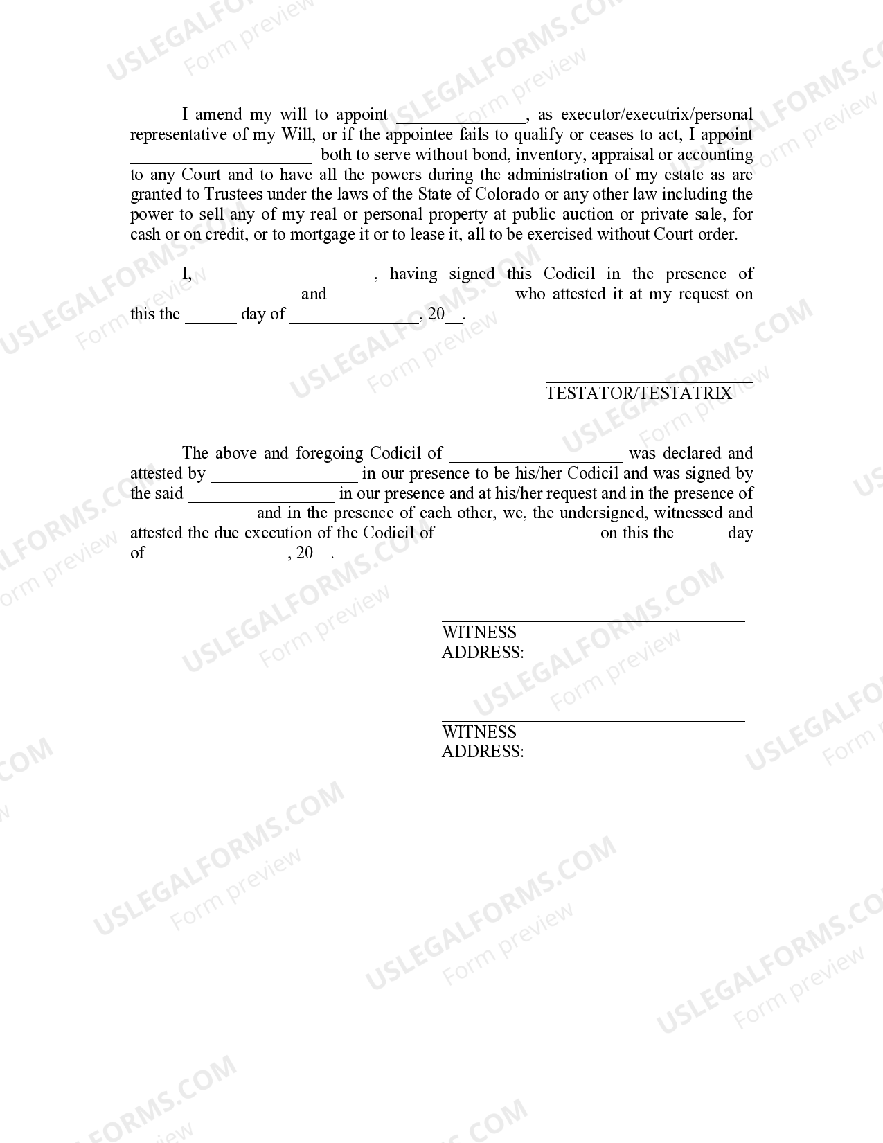 Colorado Codicil to Will Form for Amending Your Will - Codicil To Will ...