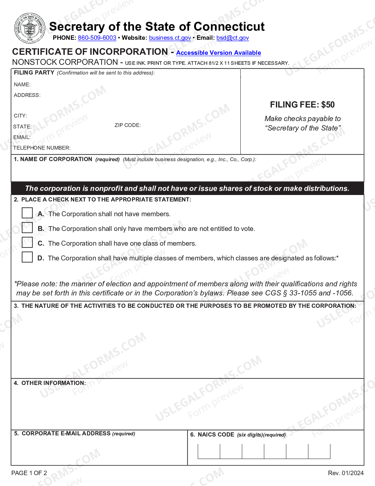 Connecticut Articles of Incorporation Certificate - Domestic Nonprofit ...