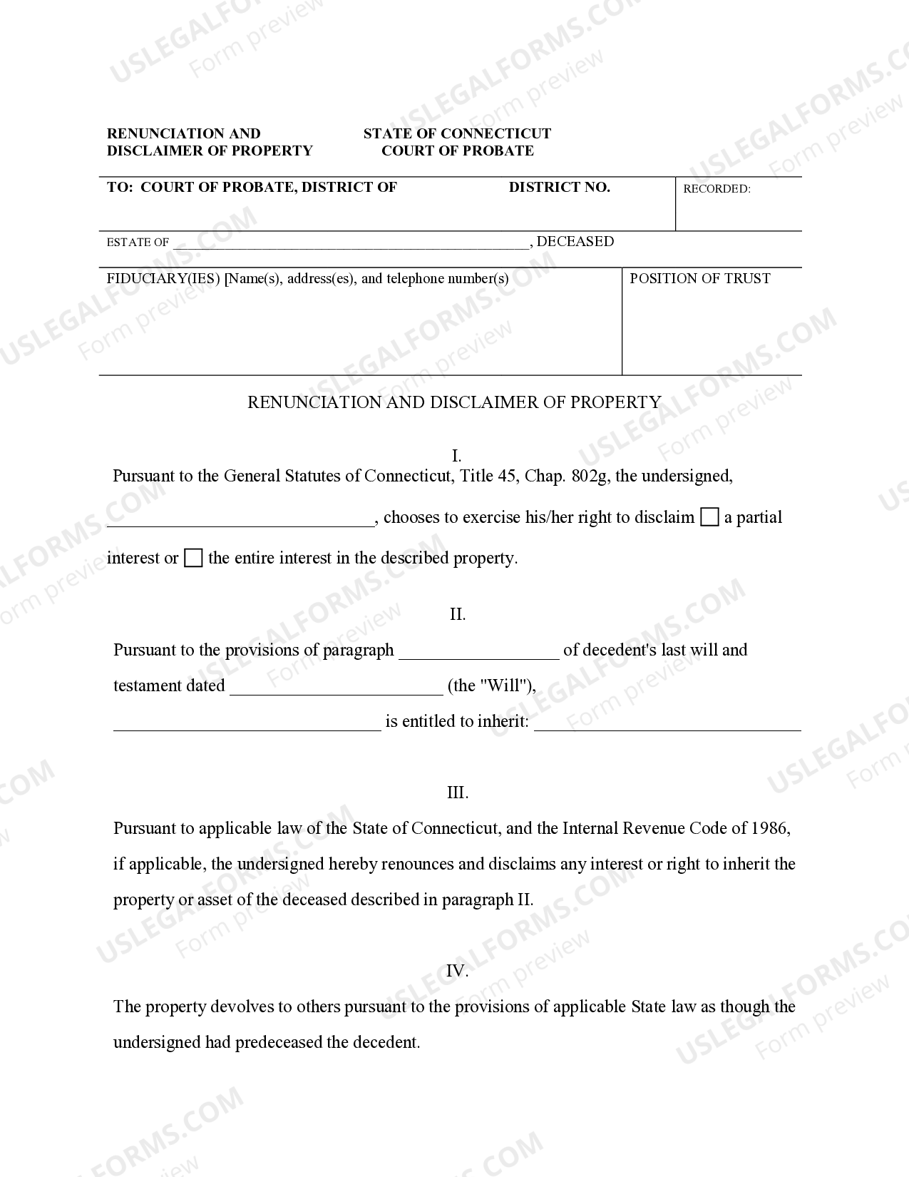 Connecticut Renunciation And Disclaimer of Property from Will by ...