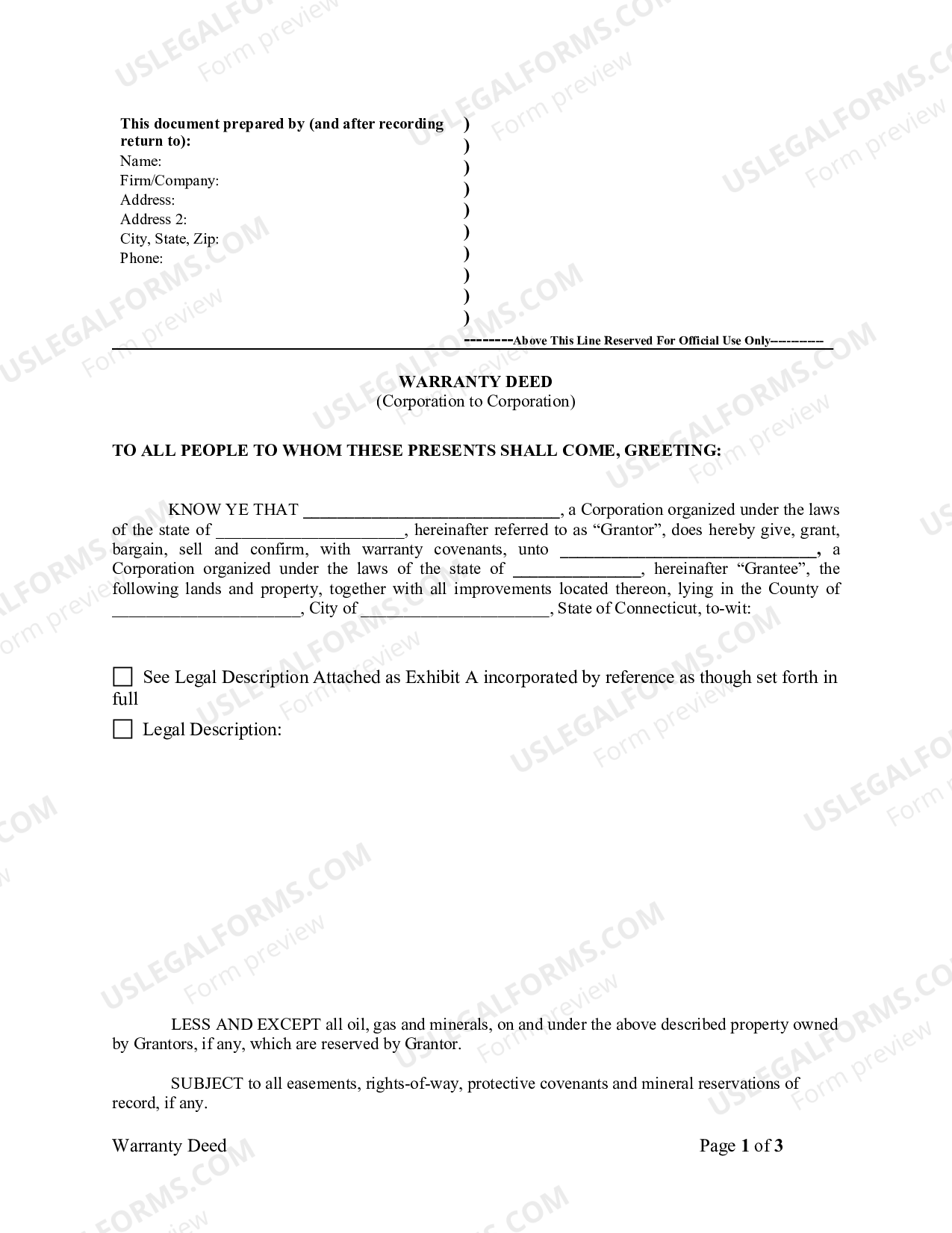 Connecticut Warranty Deed from Corporation to Corporation - Corporate Deed | US Legal Forms