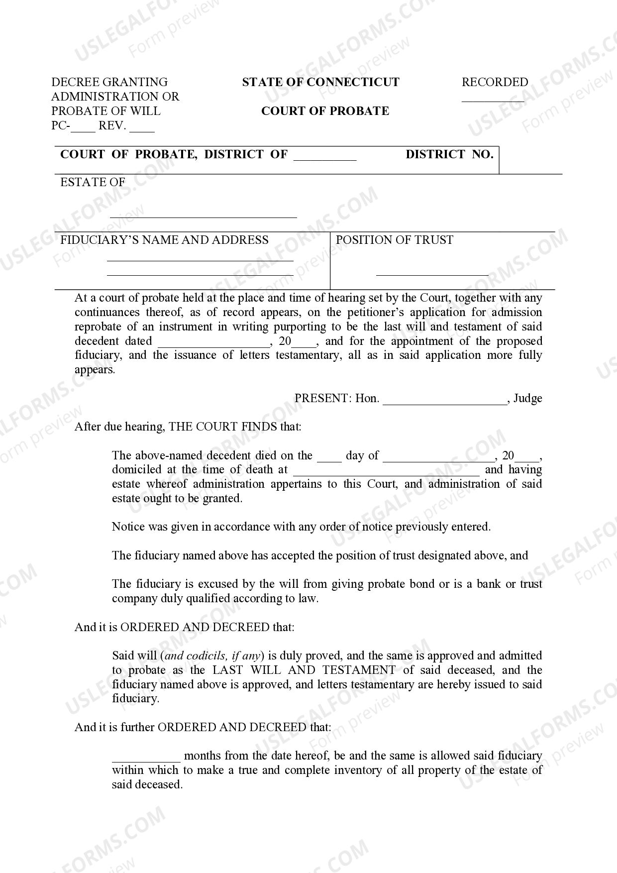 Connecticut Decree Granting Administration or Probate of Will | US ...