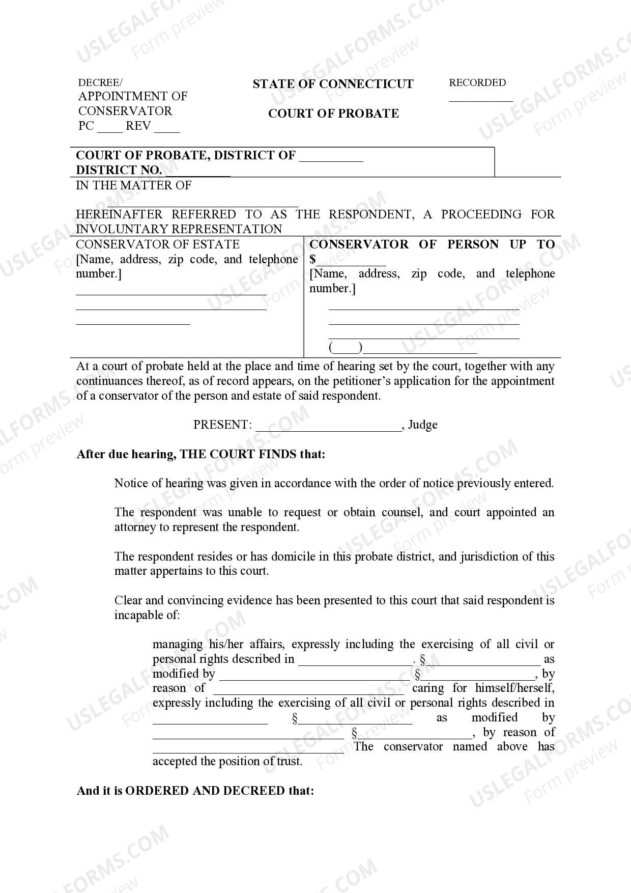 Connecticut Decree/Appointment of Conservator | US Legal Forms