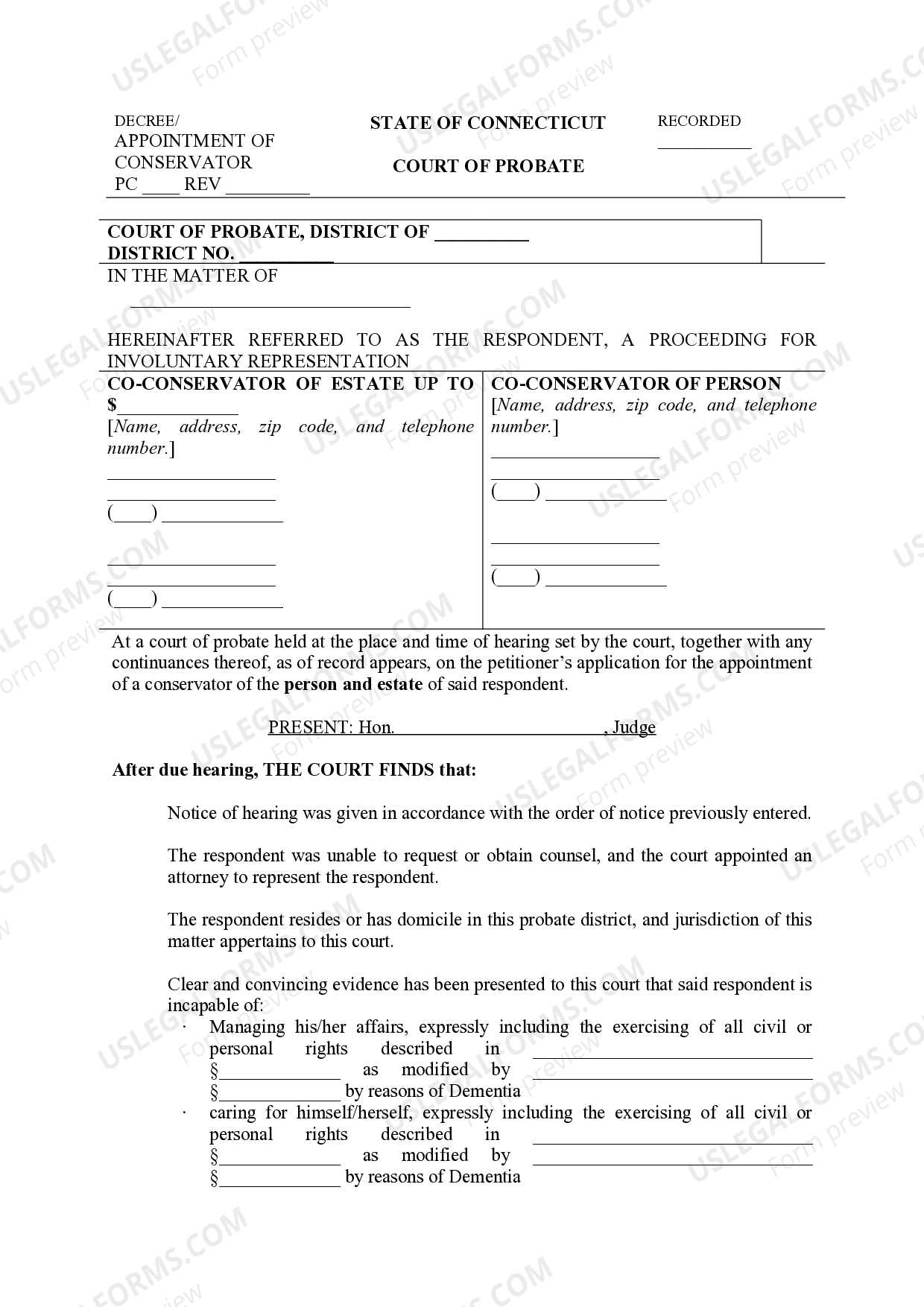 Connecticut Decree/Appointment of Co-Conservators | US Legal Forms