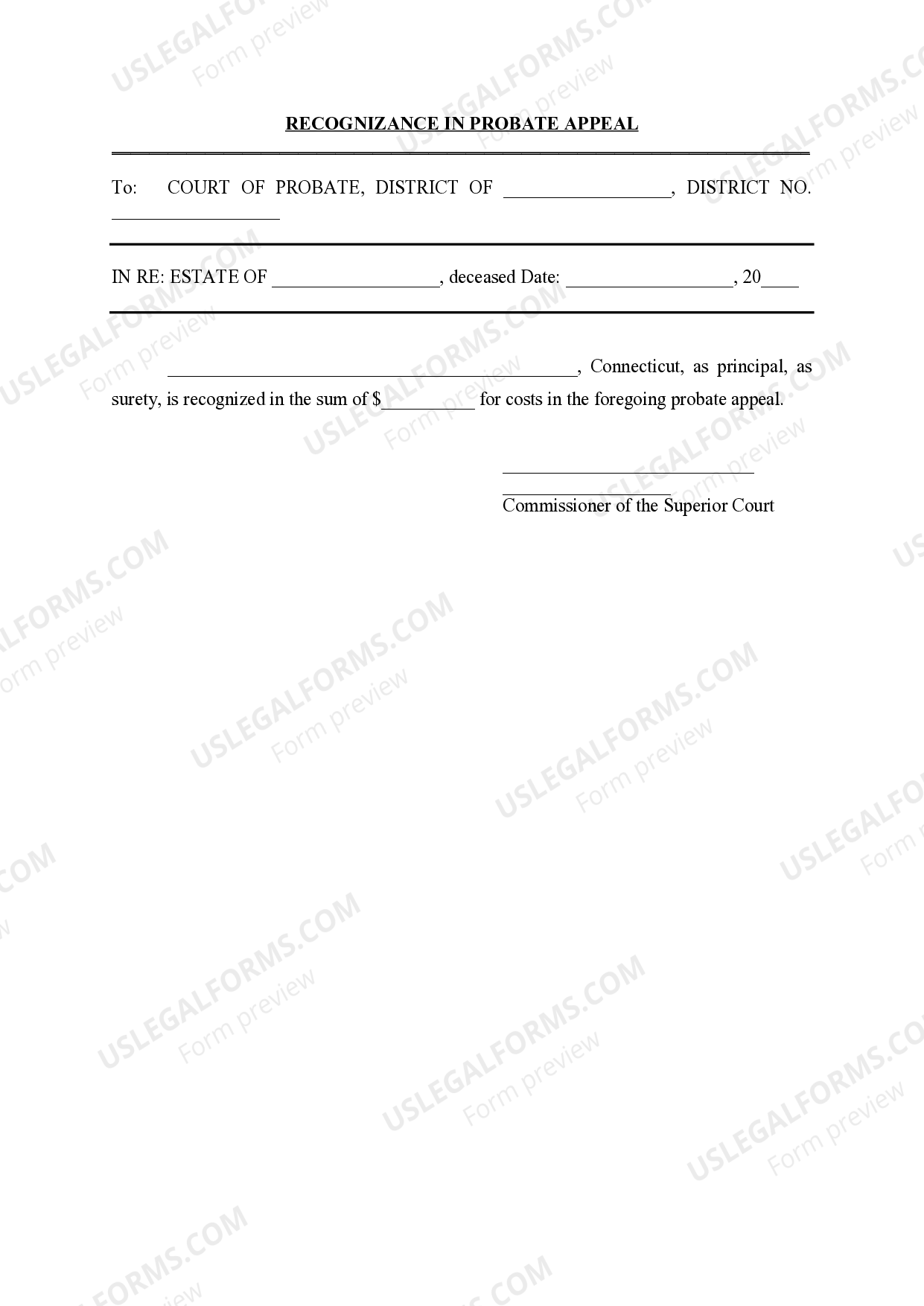 Connecticut Recognizance in Probate Appeal | US Legal Forms
