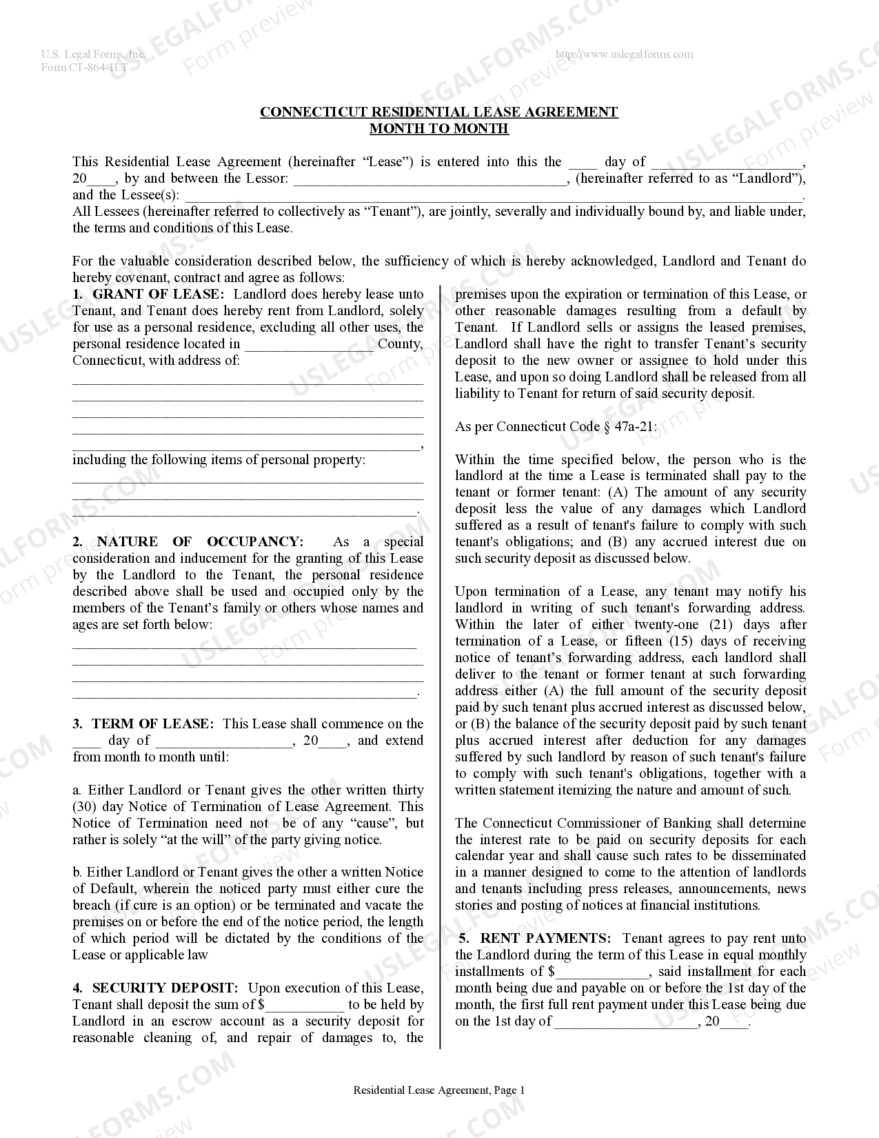 Connecticut Residential Lease or Rental Agreement for Month to Month ...