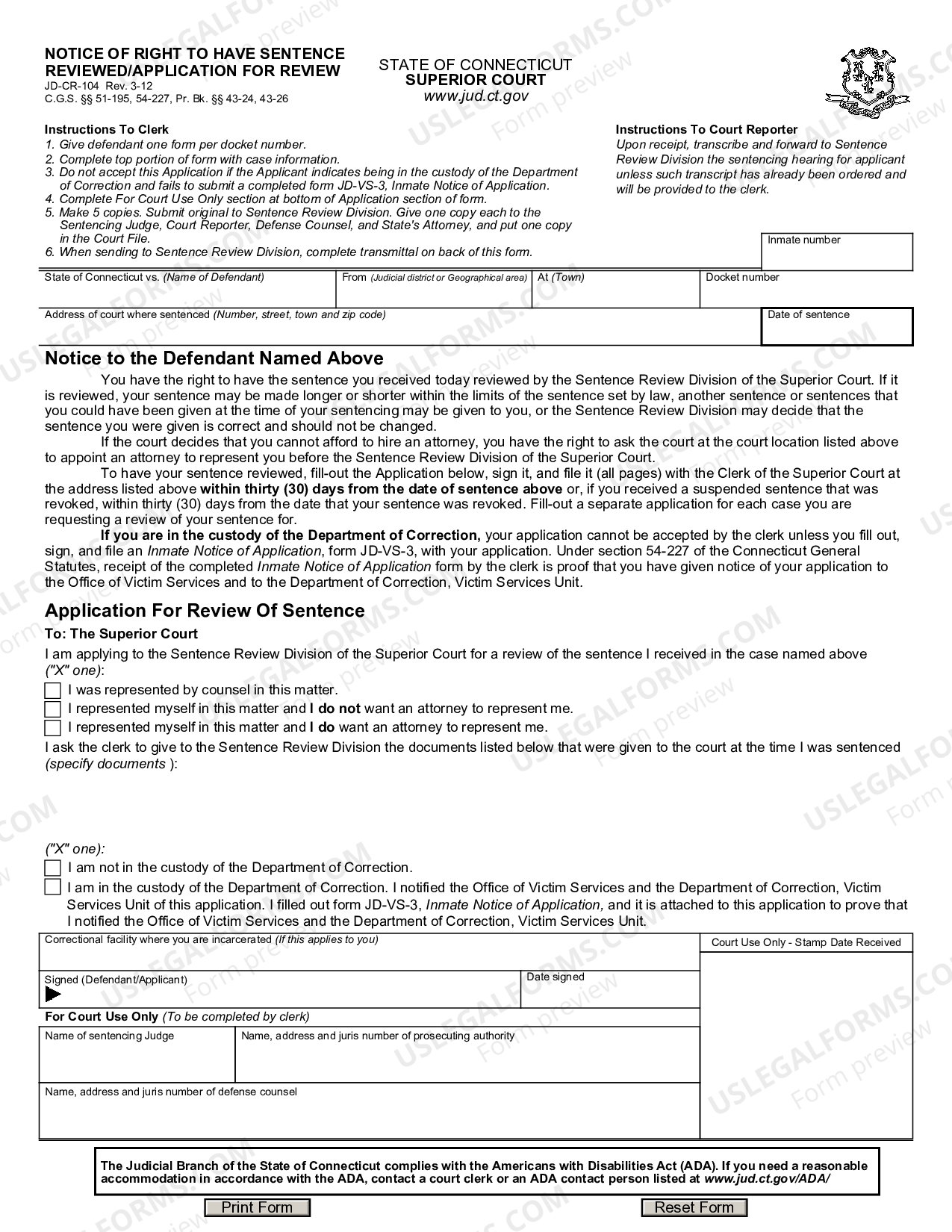 Connecticut Notice of Right to Have Sentence Reviewed/Application for ...