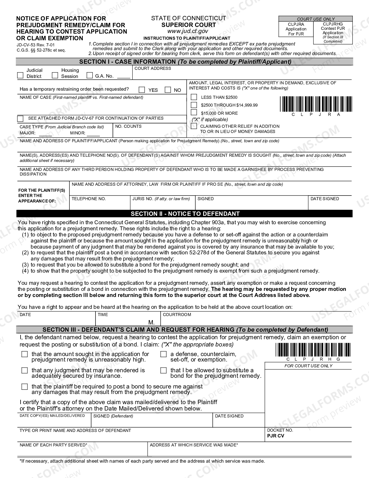 Connecticut Notice of Application for Prejudgment Remedy - Claim for ...
