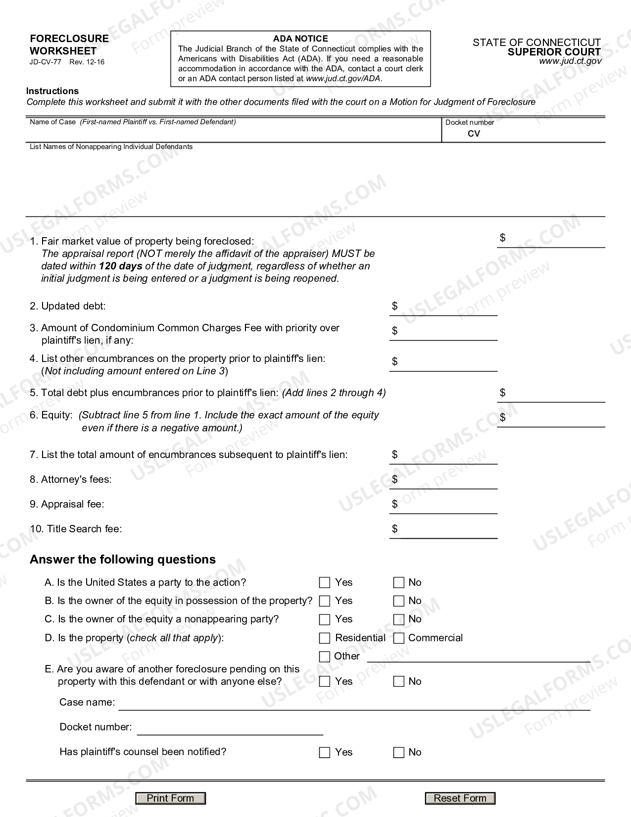 Connecticut Foreclosure Worksheet - Connecticut Foreclosure Laws | US ...