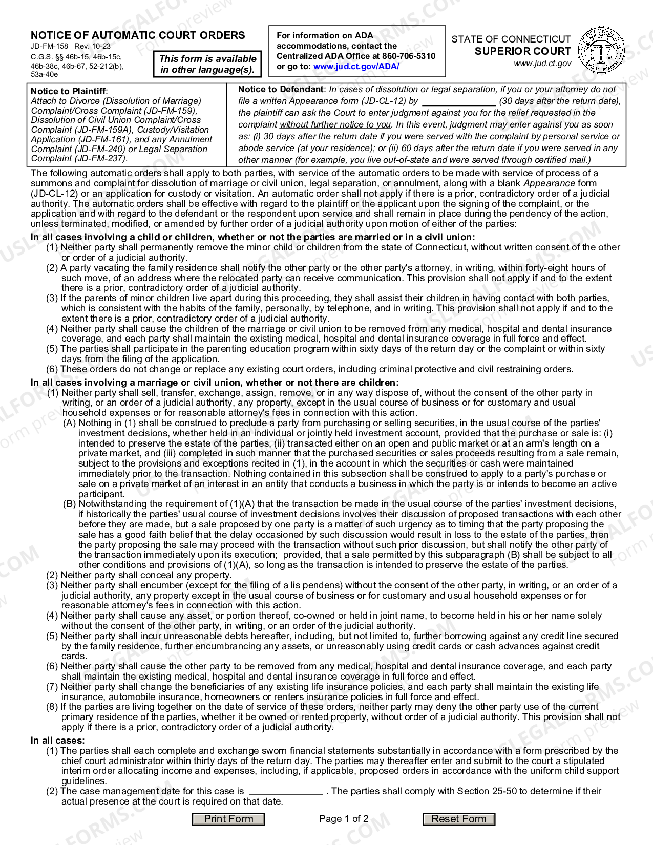 Connecticut Notice Of Automatic Court Orders Us Legal Forms
